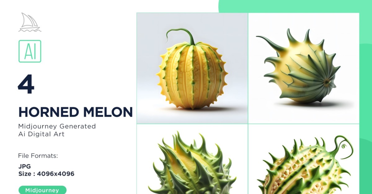 Fresh 4 Horned melon fruit with green leaves isolated on white ...