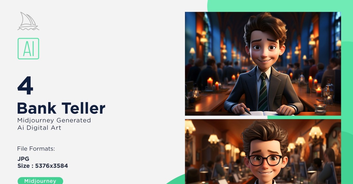 3D Pixar Character Child Boy Bank_Teller with relevant environment 4_Set