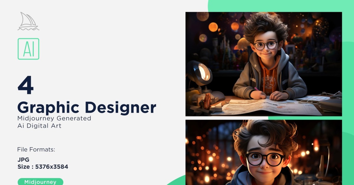3D Pixar Character Child Boy Graphic_Designer with relevant environment ...