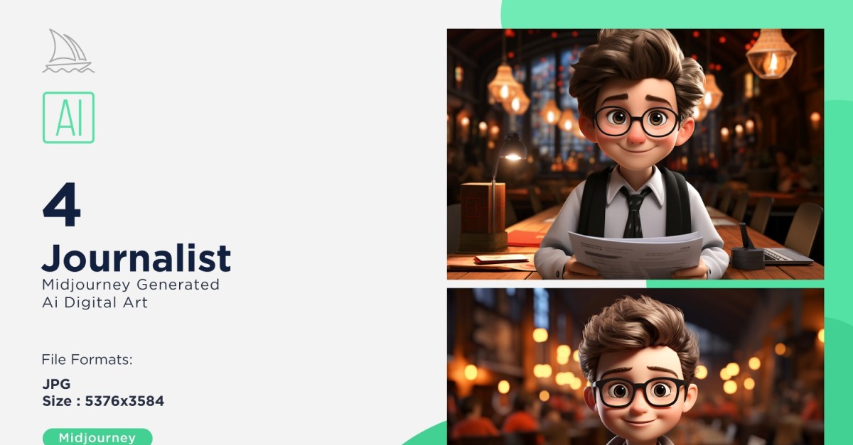 3D Pixar Character Child Boy Journalist with relevant environment 4_Set