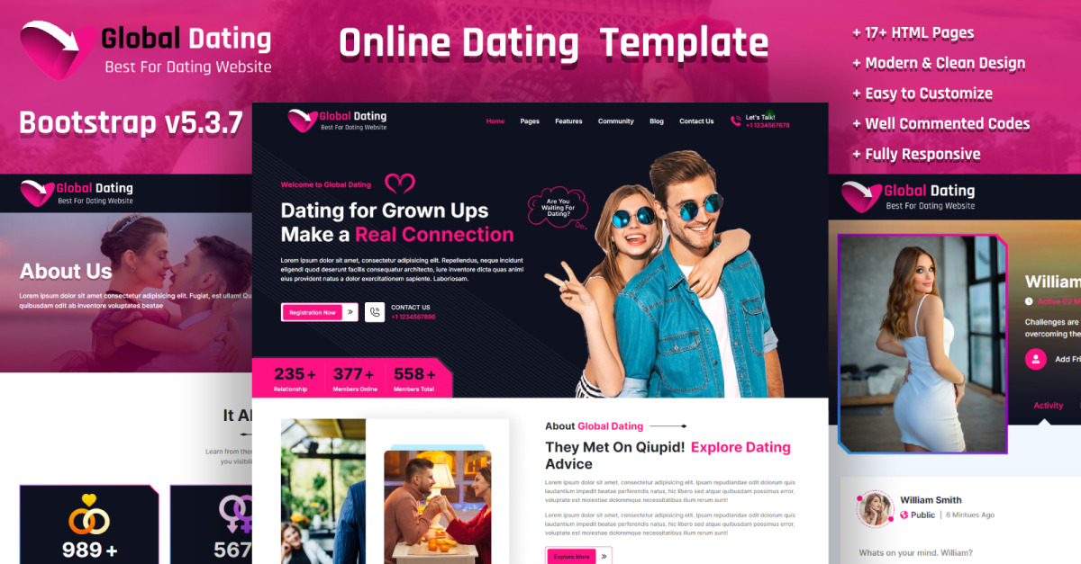 Global Dating - Plantilla de sitio web multipropósito HTML5 Bootstrap limpio para agencia y ...