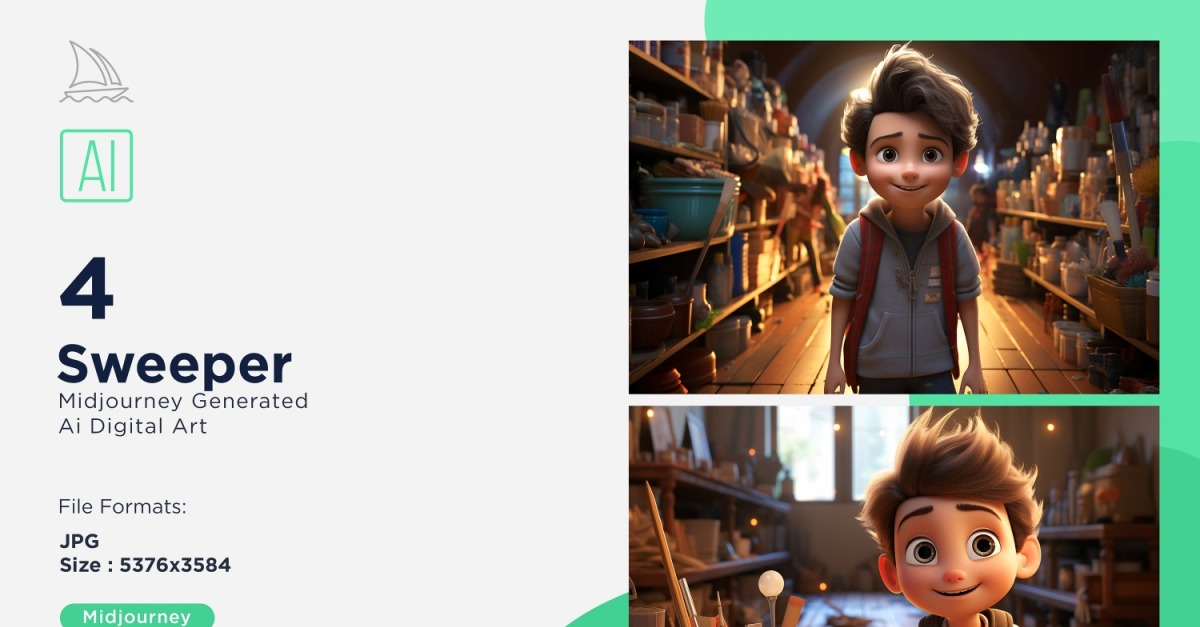 3D Pixar Character Child Boy Sweeper with relevant environment 4_Set