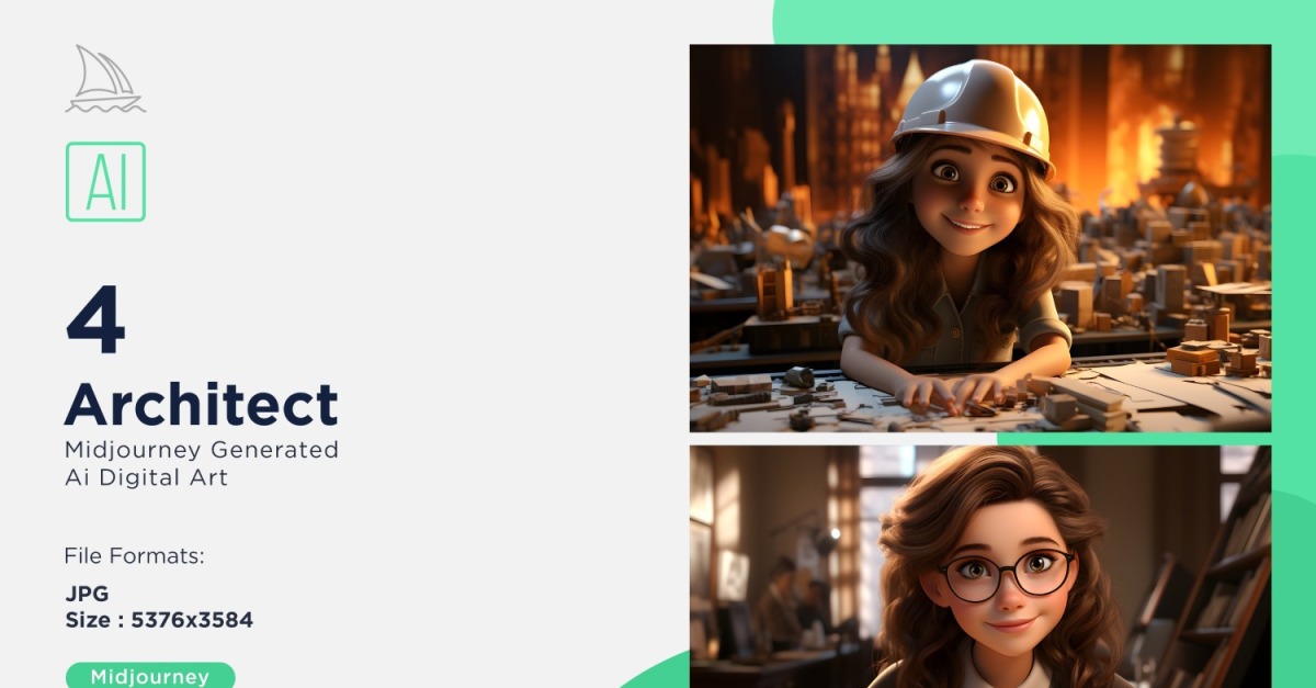 3D Pixar Character Child Girl Architect with relevant environment Set