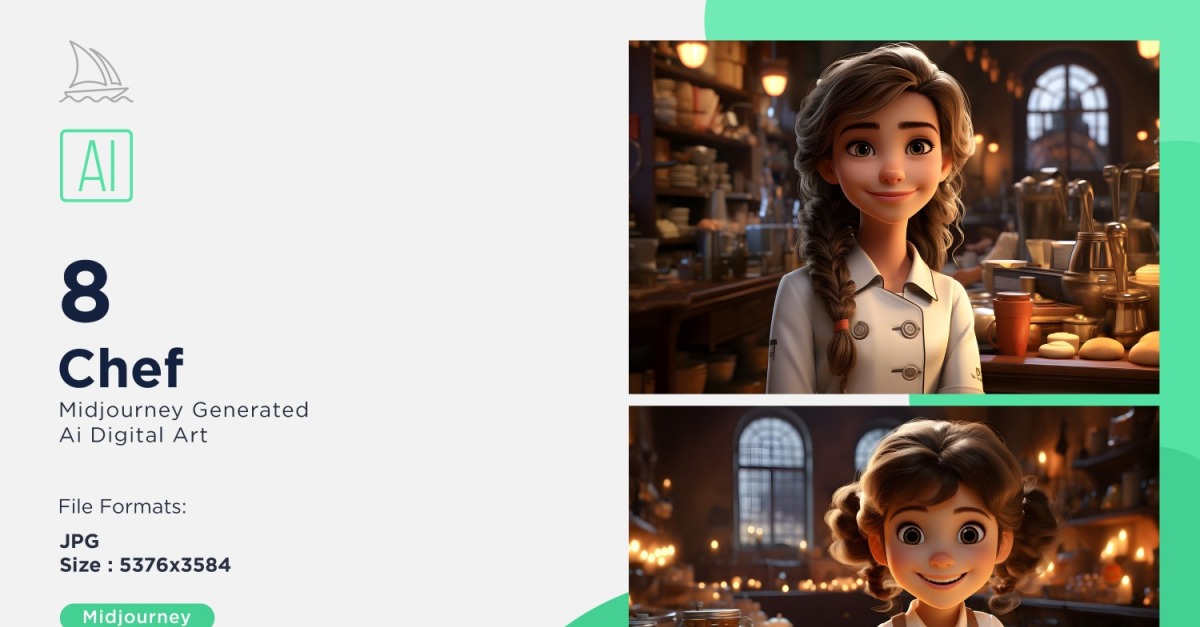 3D Pixar Character Child Girl Chef with relevant environment Set
