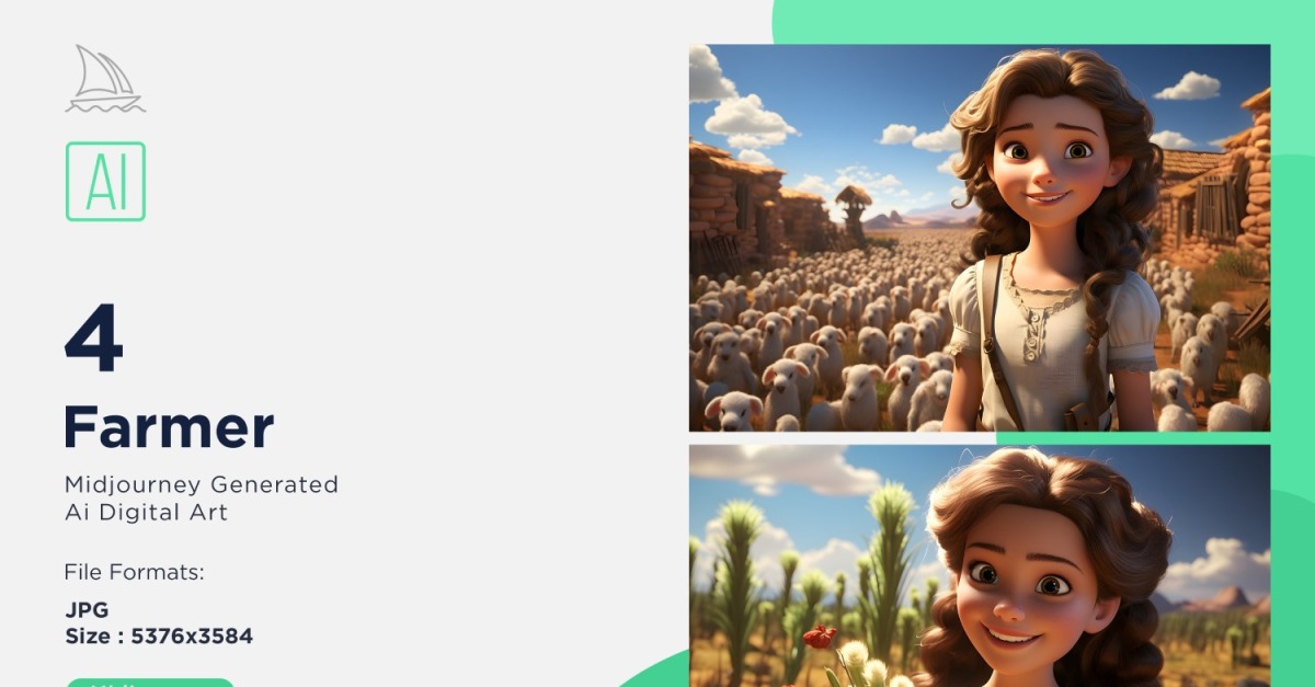 3D Pixar Character Child Girl Farmer with relevant environment Set