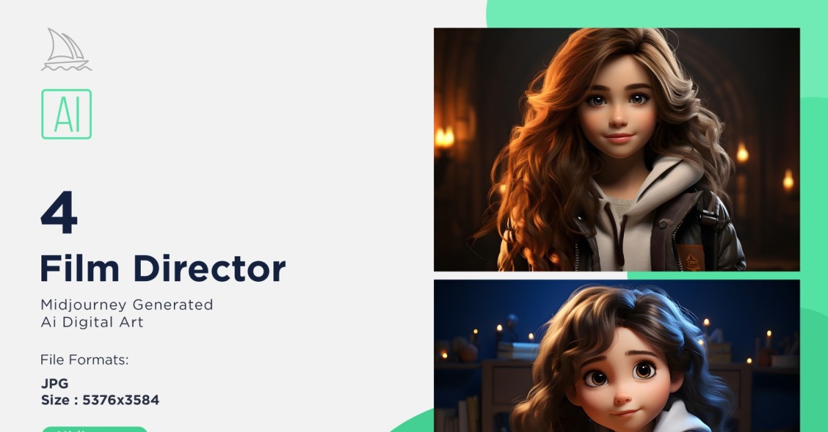 3D Pixar Character Child Girl Film Director with relevant environment Set