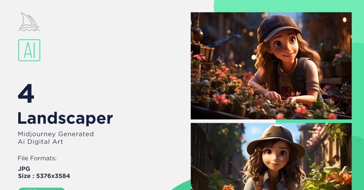 3D Pixar Character Child Girl Landscaper with relevant environment Set