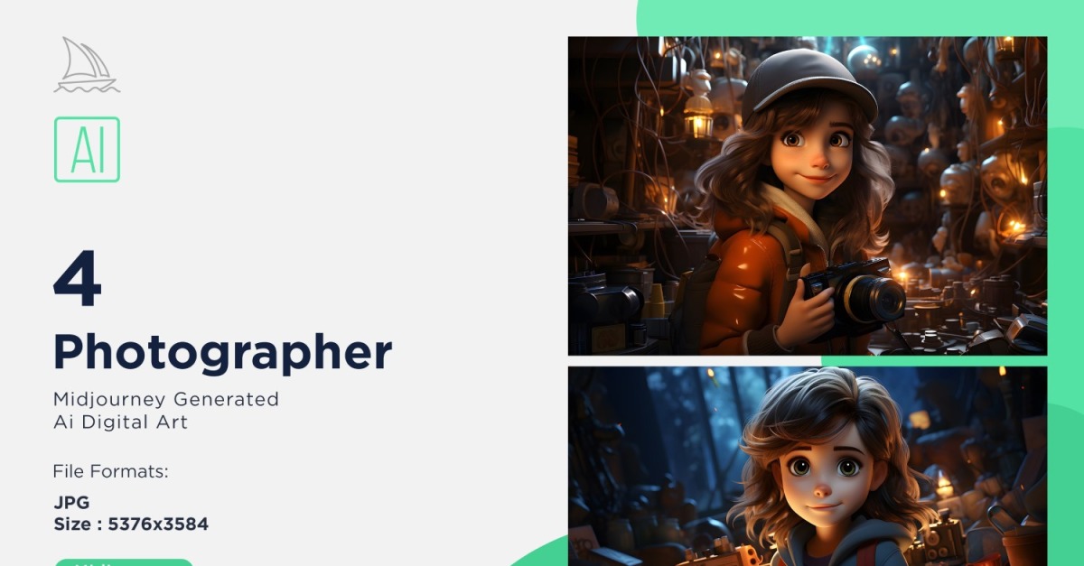3D Pixar Character Child Girl Photographer with relevant environment Set