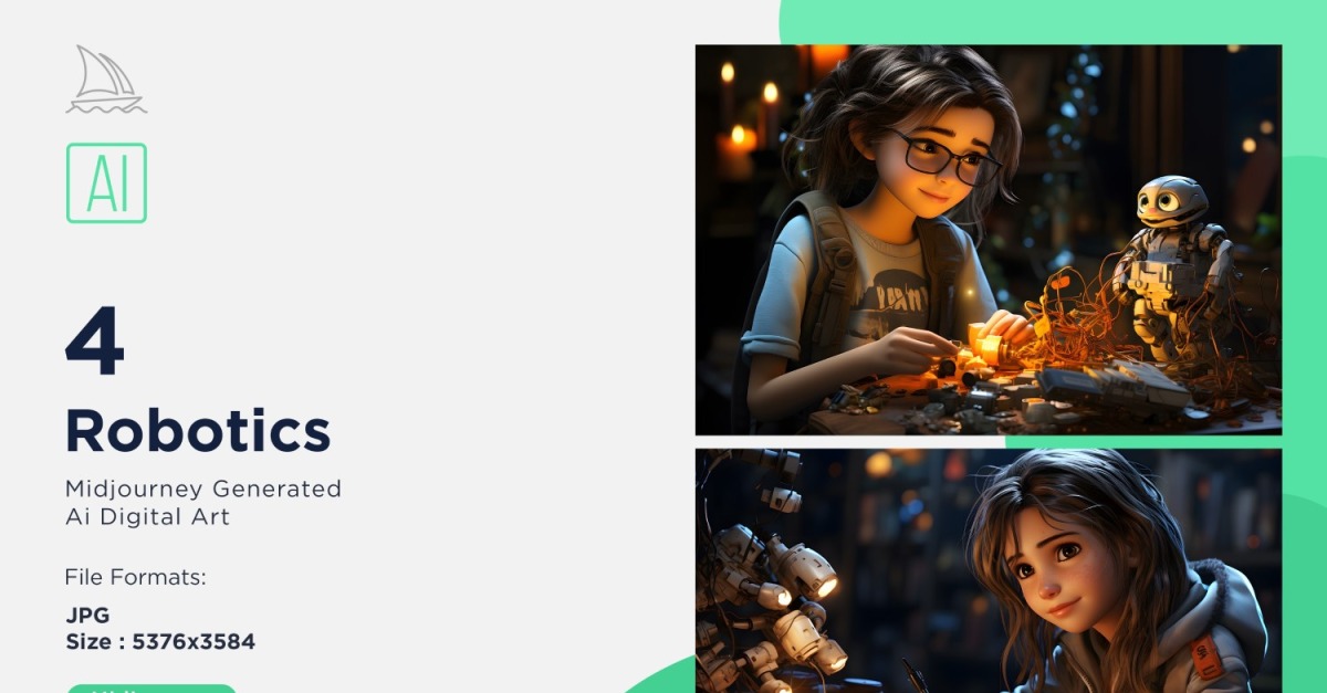 3D Pixar Character Child Girl Robotics with relevant environment Set