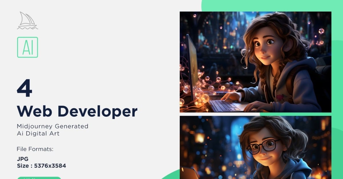 3D Pixar Character Child Girl Web Developer with relevant environment Set