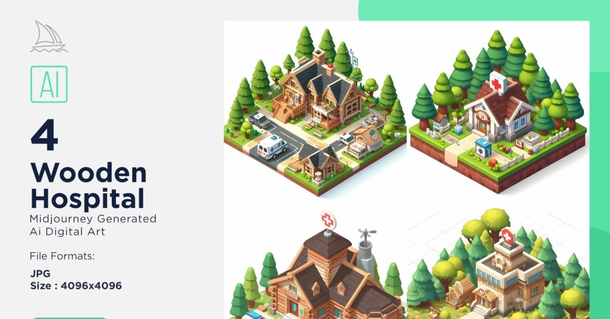 Wooden Hospital Forest Wooden Building Isometric Set 6