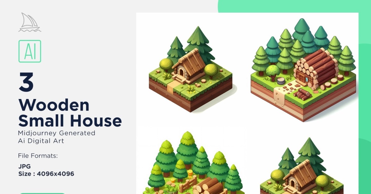 Wooden small house Forest Wooden Building Isometric Set 7