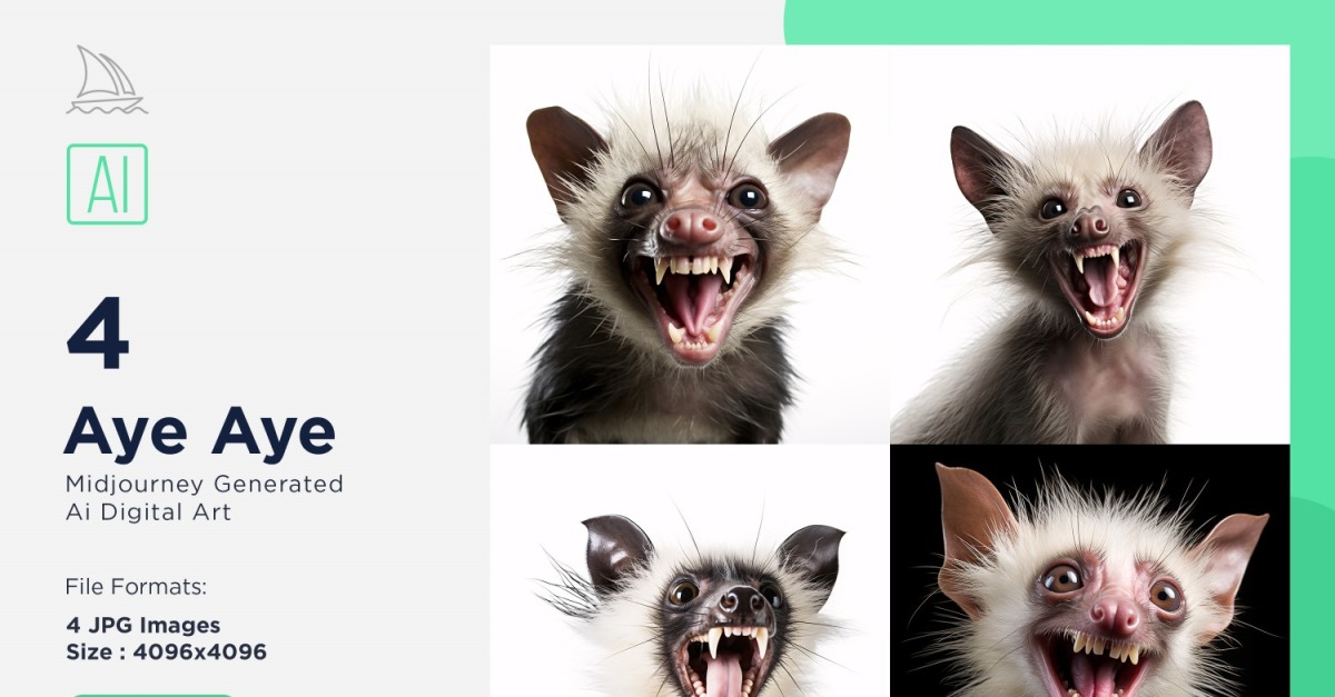 Aye Aye funny Animal head peeking on white background Set