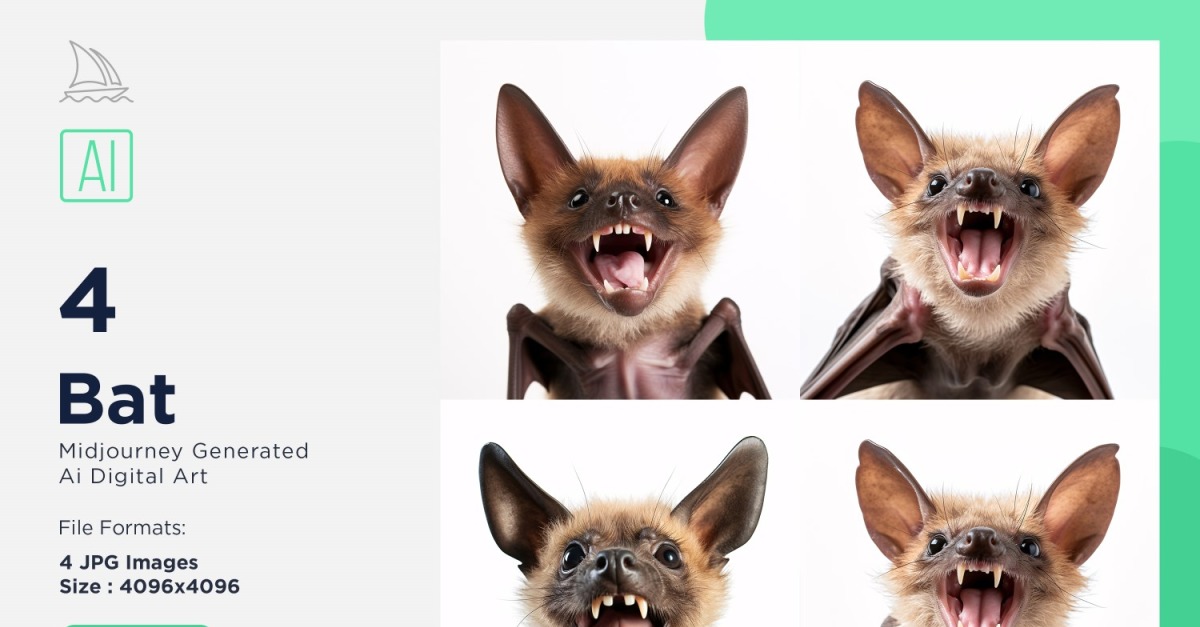 Bat funny Animal head peeking on white background Set