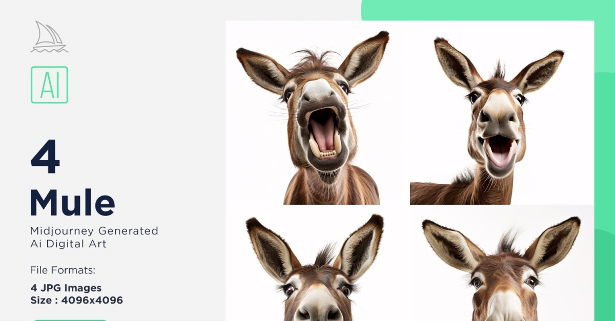 Mule funny Animal head peeking on white background Set