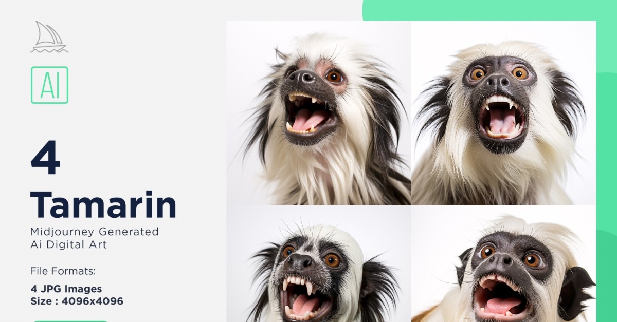 Tamarin funny Animal head peeking on white background Set