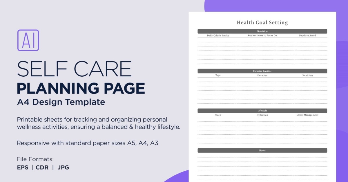 Health Goal Setting Self Care Planning Pages, Planner Sheets, 35