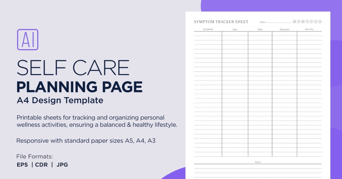 Symptom Tracker Sheet Self Care Planning Pages, Planner Sheets, 61