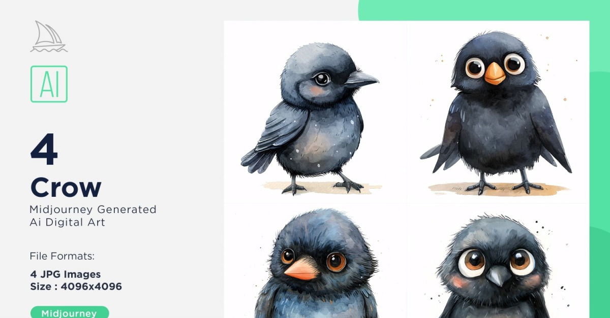 Super Cute Crow Bird Baby Watercolor Handmade illustration Set.