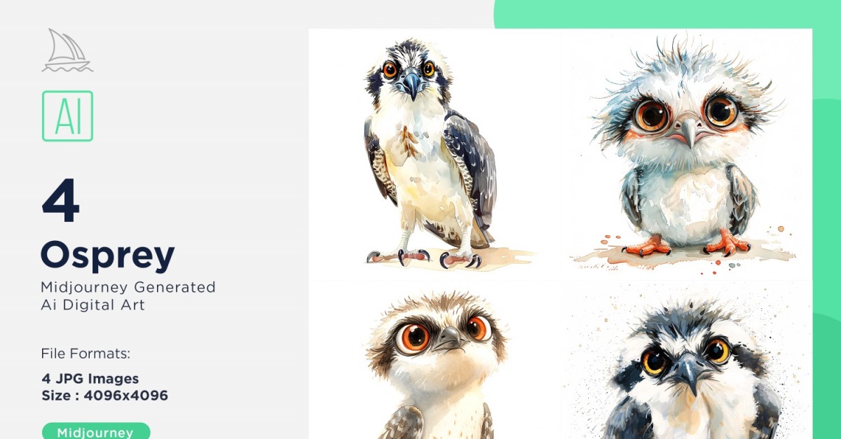 Super Cute Osprey Bird Baby Watercolor Handmade illustration Set