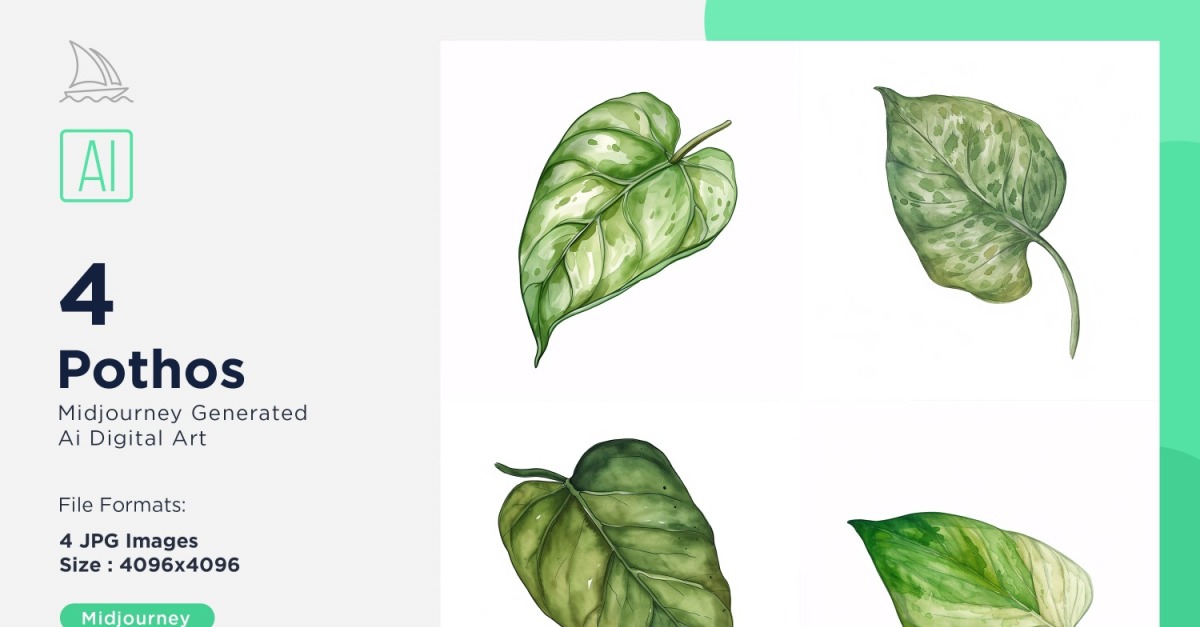 Pothos Plant Leaves Watercolor 4 Set - TemplateMonster