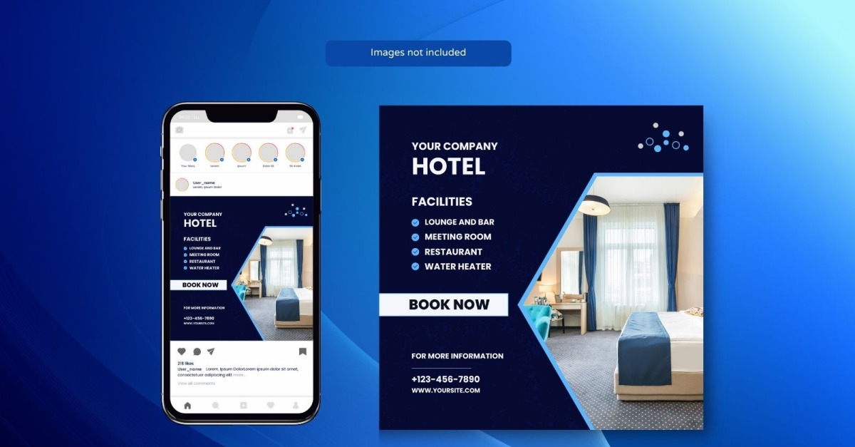 Social Media Post Template for Hotels or Resort Blue