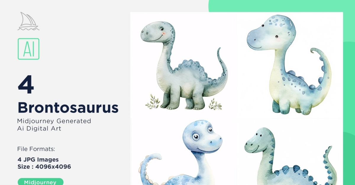 Brontosaurus Watercolor Dinosaur Cartoon Character 4_Set