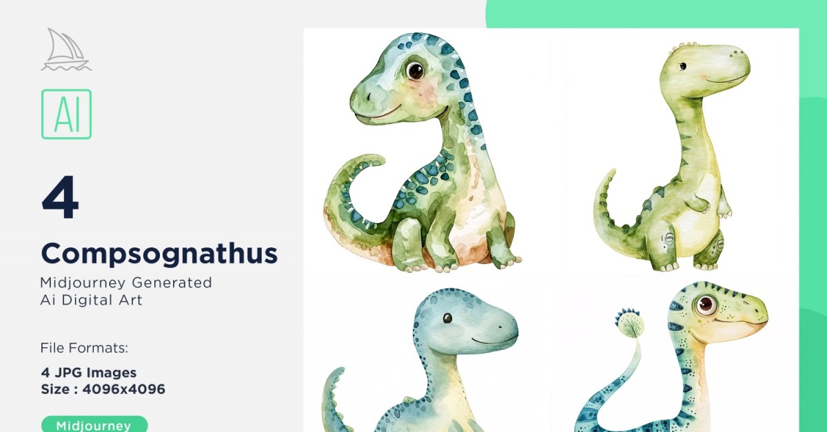 Compsognathus Watercolor Dinosaur Cartoon Character 4_Set