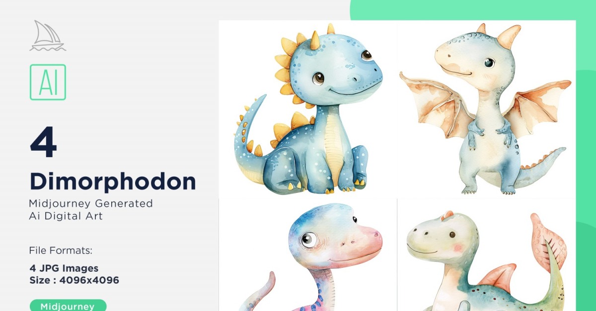 Dimorphodon Watercolor Dinosaur Cartoon Character 4_Set