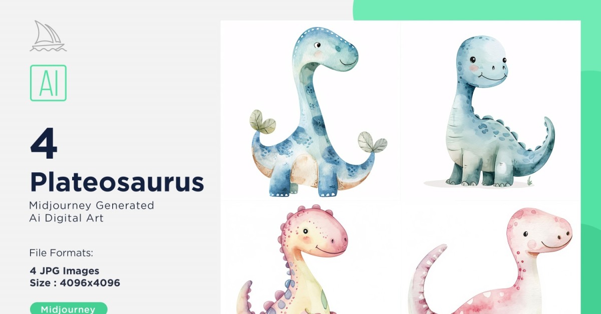 Plateosaurus Watercolor Dinosaur Cartoon Character 4_Set