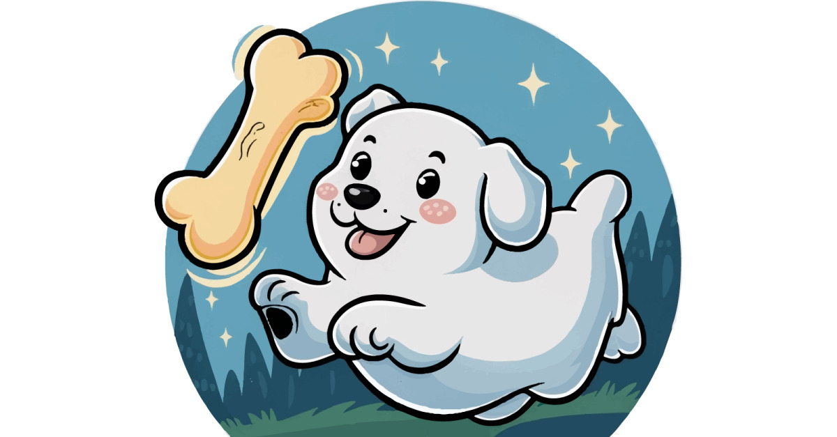 Illustration featuring a friendly ghost dog playfully fetching a glowing