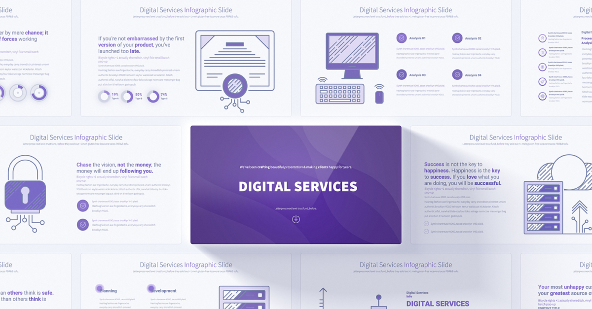 Plantilla de PowerPoint con infografía sobre servicios digitales integrales