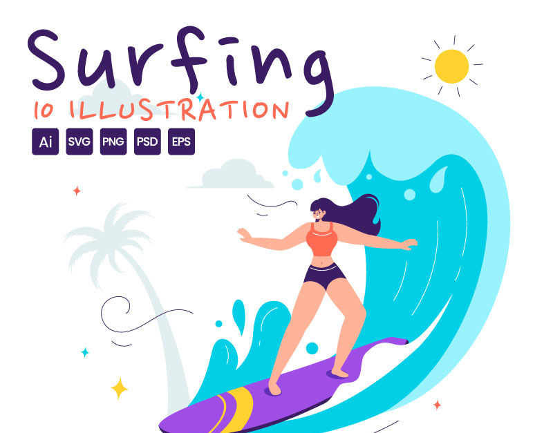 10 Summer Surfing Vector Illustration - TemplateMonster
