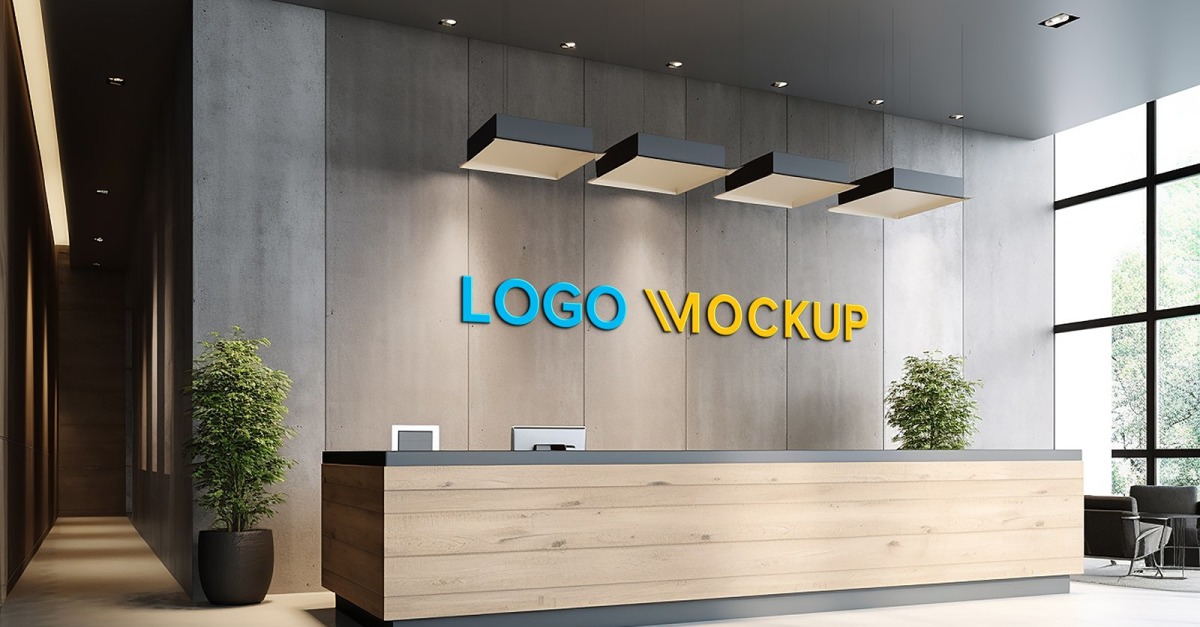 带接待柜台的木墙上的徽标模型 #440045 - TemplateMonster