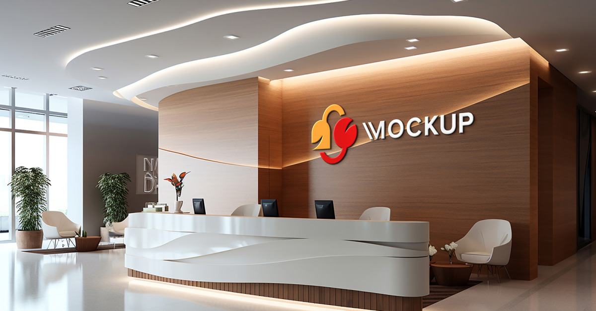 Hotel reception wooden wall logo mockup - TemplateMonster