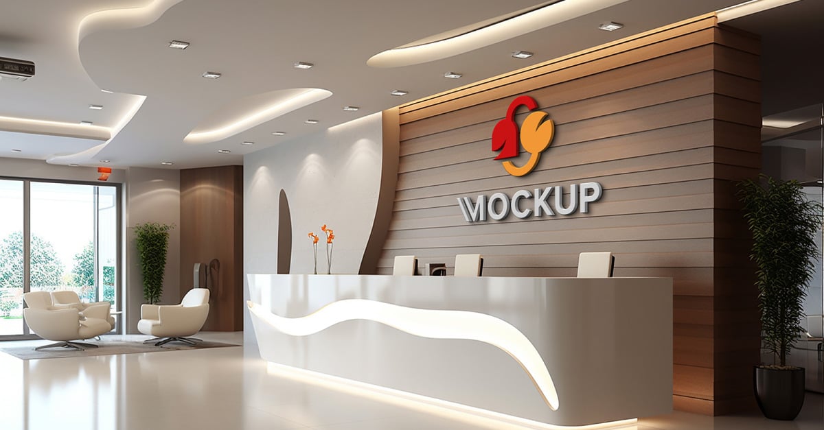 Interior office reception counter logo mockup on wooden wall