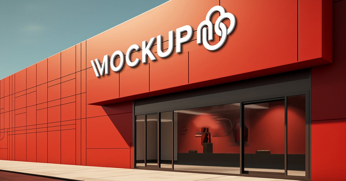 Red building front sign logo mockup psd - TemplateMonster