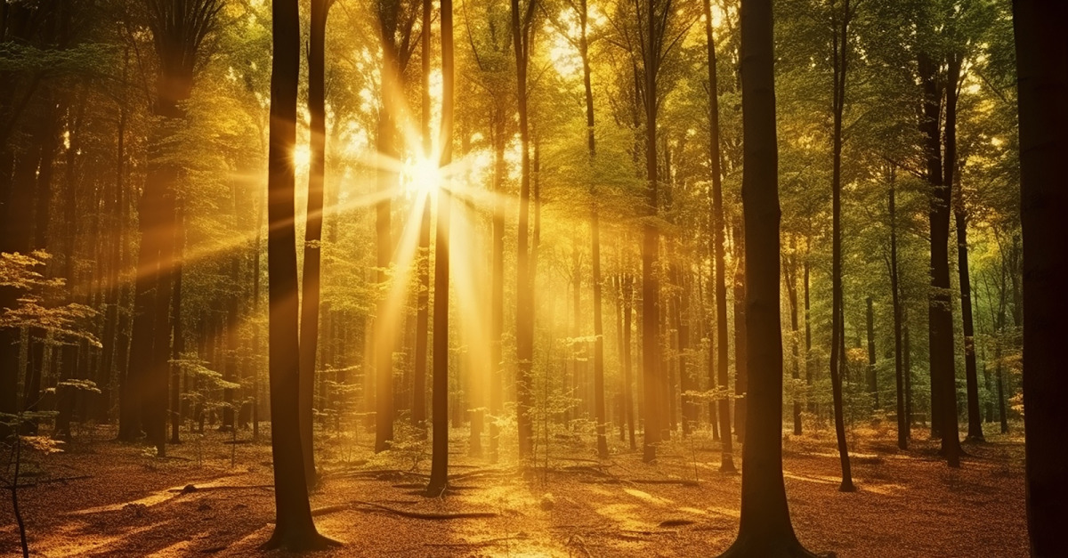 Bosque con sol brillante brillando a través de los árboles.