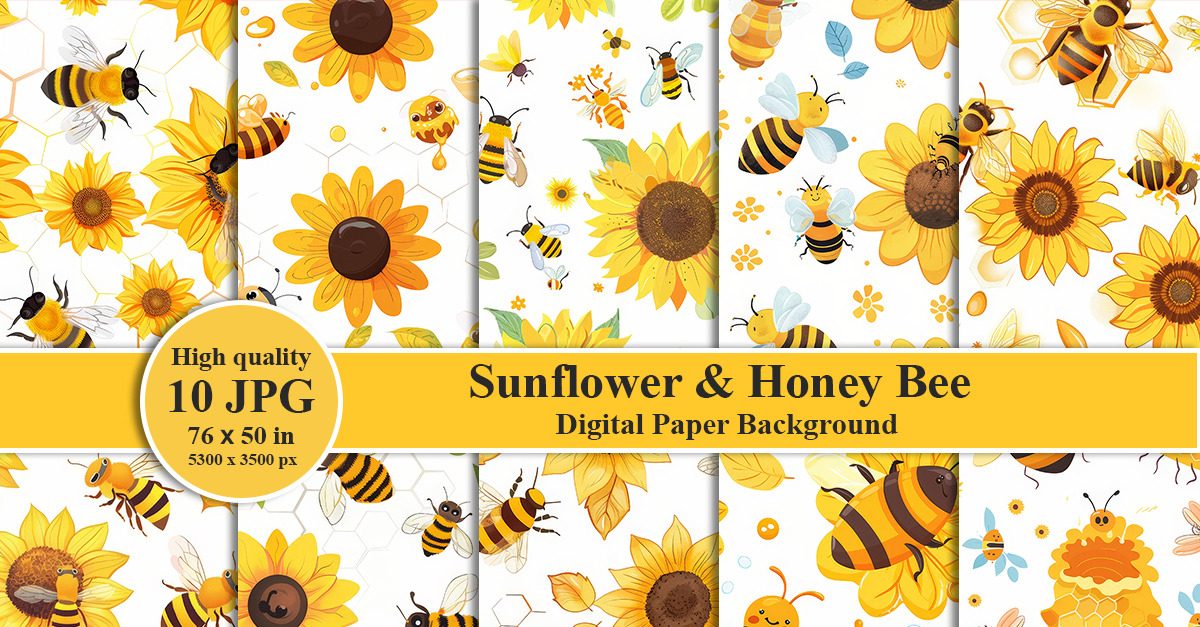 Sunflower and Honey Bee Printable Digital Paper Background