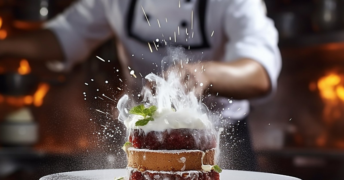 Chef cocinando postres en cocina profesional