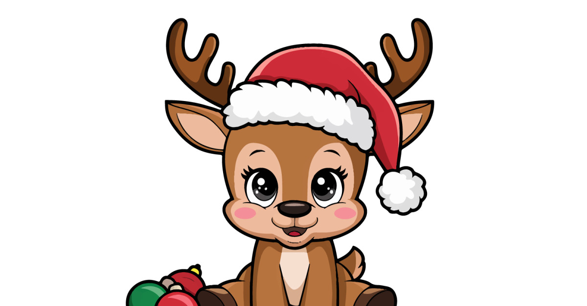 Cartoon Christmas Baby Reindeer with Santa Claus Hat Clipart in white ...