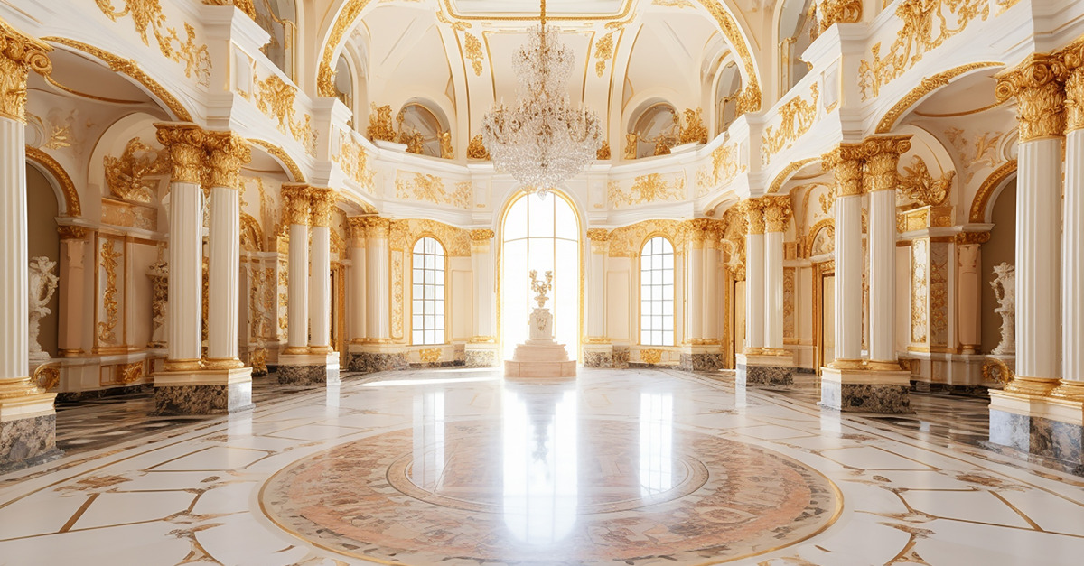 Luxury classic gold palace interior with statue