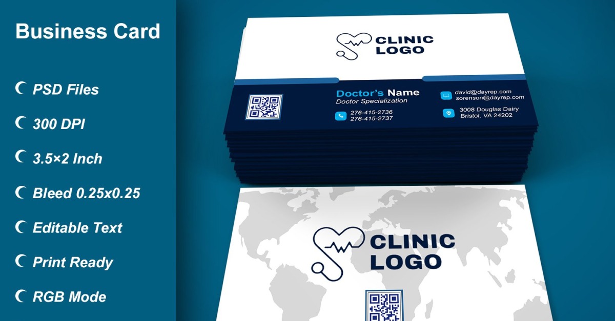 Business Card Template for Clinic - Doctor - Hospital - Customizable ...