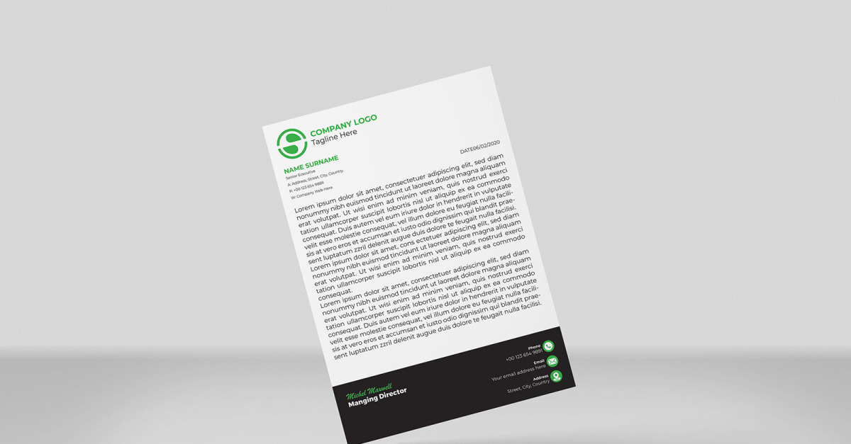 Membrete creativo en color verde con membrete corporativo