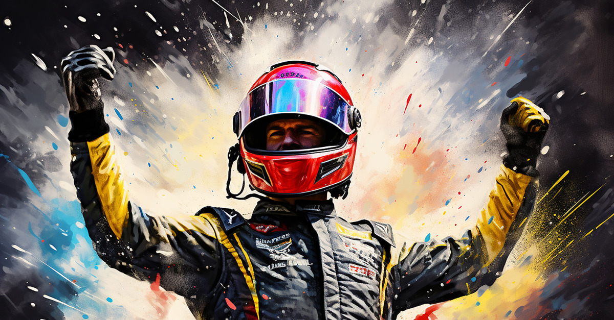 Race car driver celebrating the win racing driver celebrating with champion