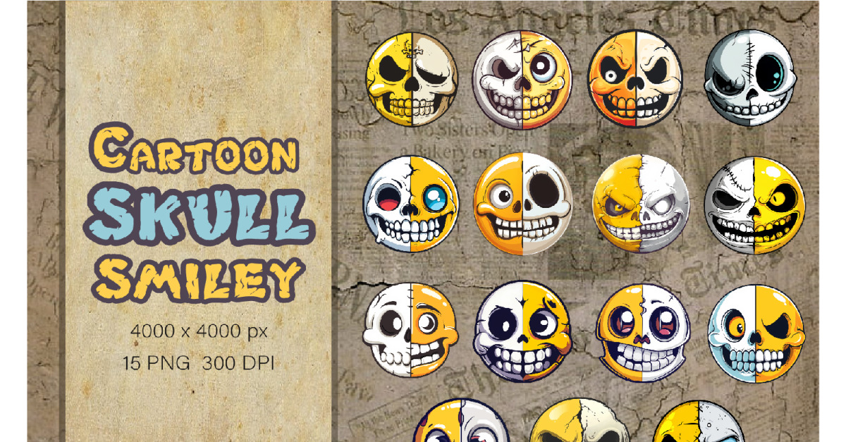 Smiley de crâne de dessin animé. Autocollant pour T-shirt.