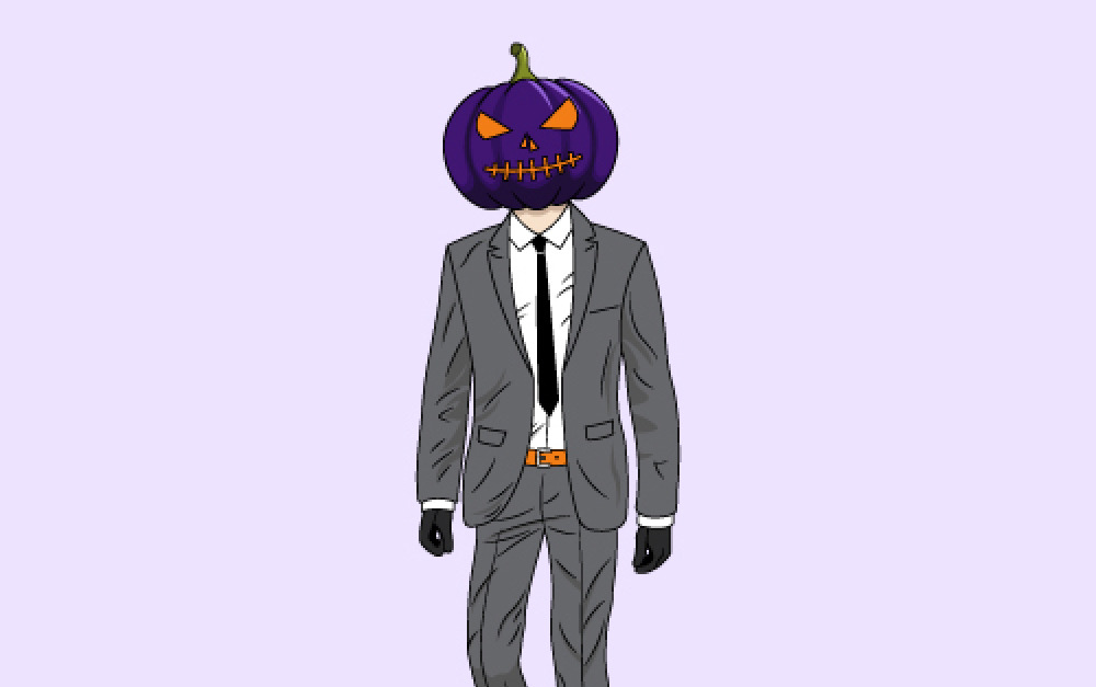Un hombre de Halloween con un traje formal gris y una cabeza de ...