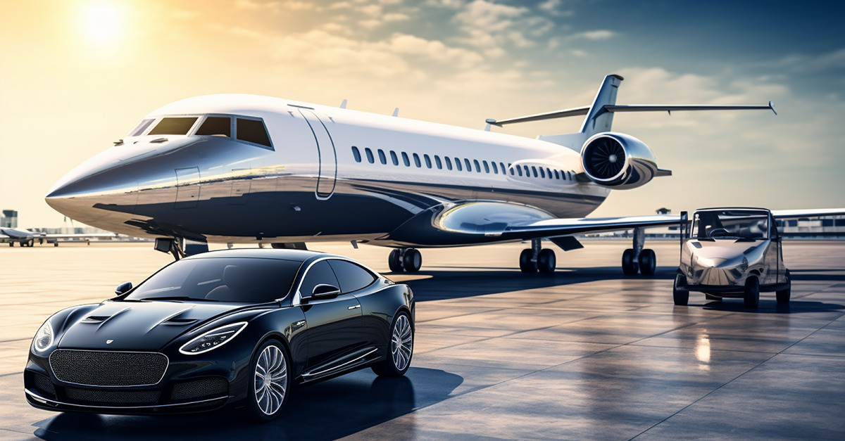 Super car and private jet on landing strip Business class