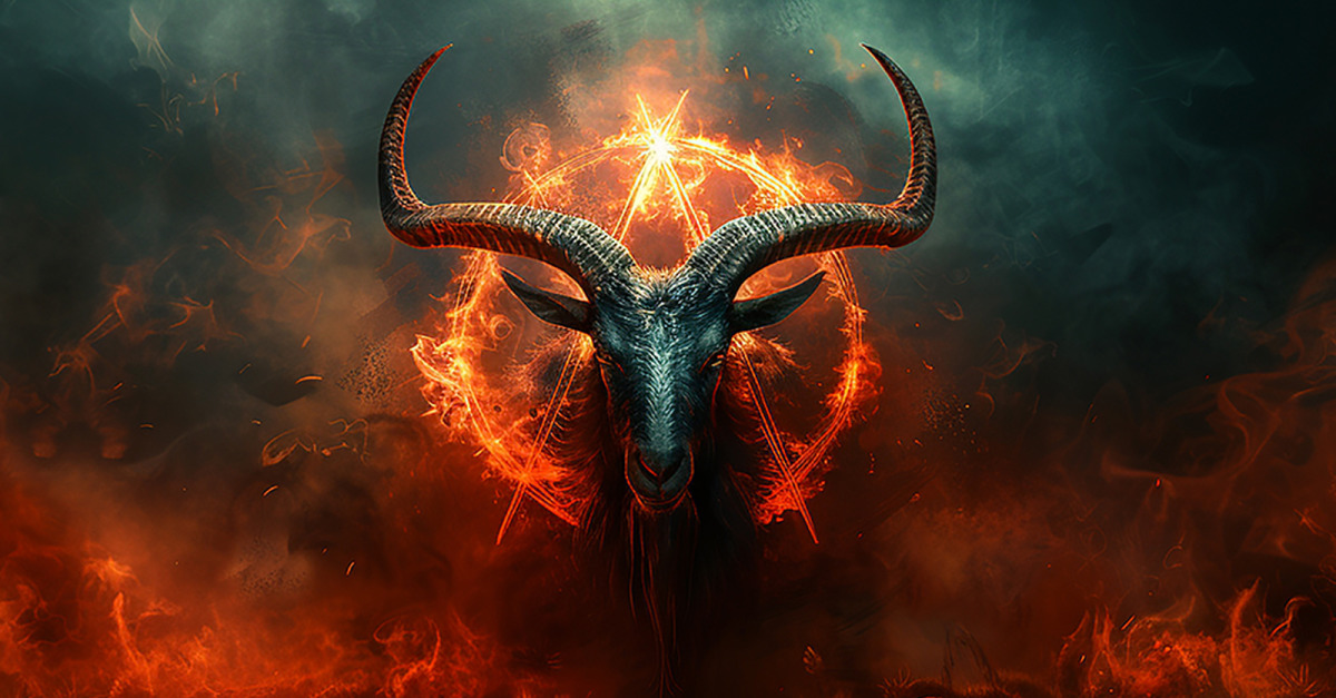 Big horned goat white lit by a glowing fiery pentagram