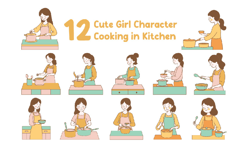 12 Cute Girl Cartoon Character Cooking in Kitchen
